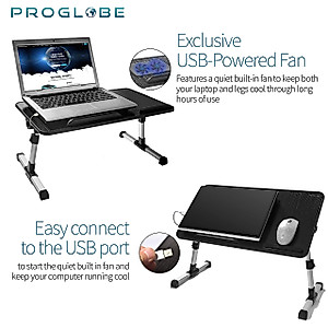 Large Laptop Stand for Bed with Fan, Proglobe Lap Desk for Laptop, Laptop Stand with Adjustable Height, Tray for Eating and Laptops, Foldable & Portable, Work from Home Accessories (Black, 23X13)