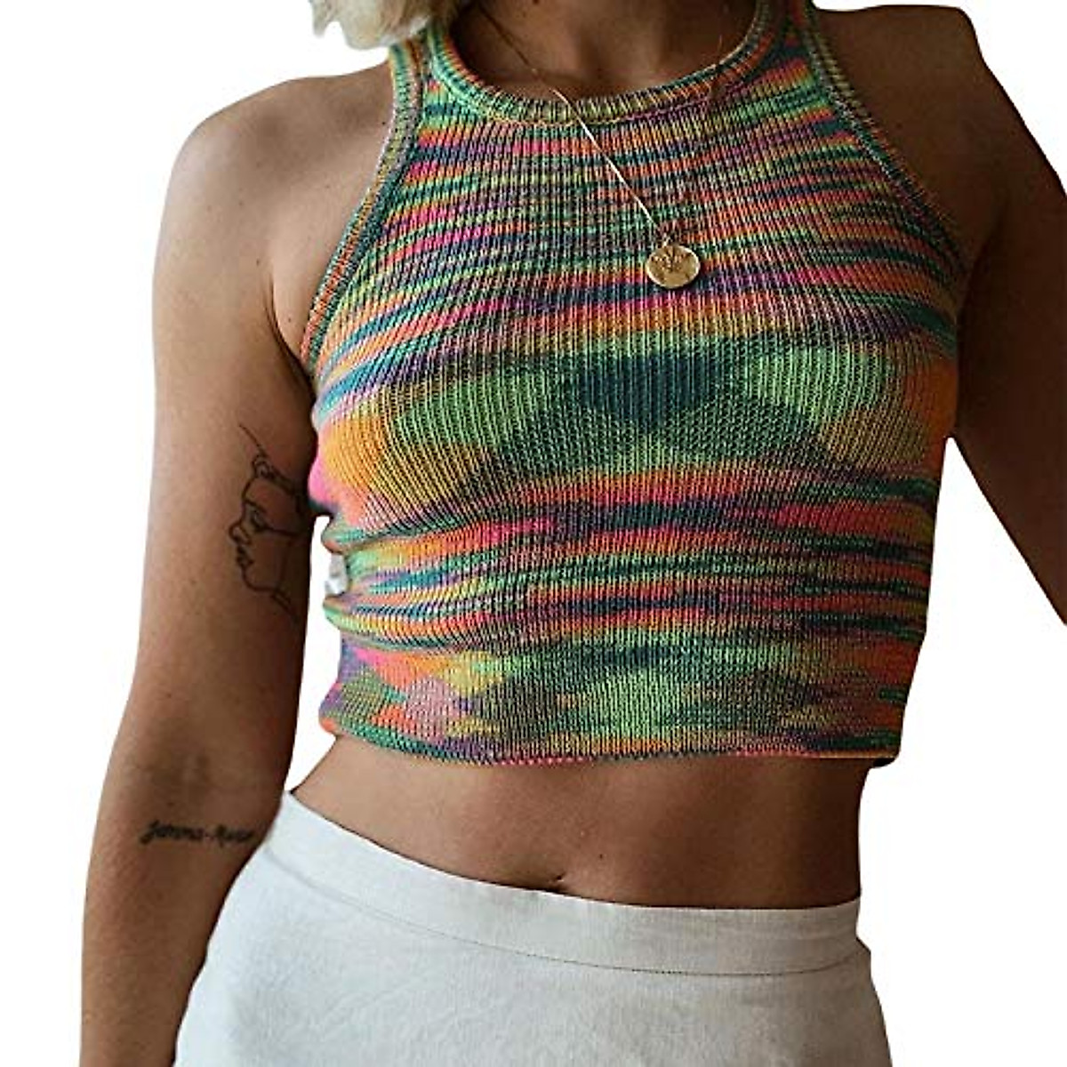 Women Basic Ribbed Knit Tie Dye Tank Top Crew Neck Sleeveless Crop Top Y2K Summer Camisole Vest Top (A Colorful, XL)
