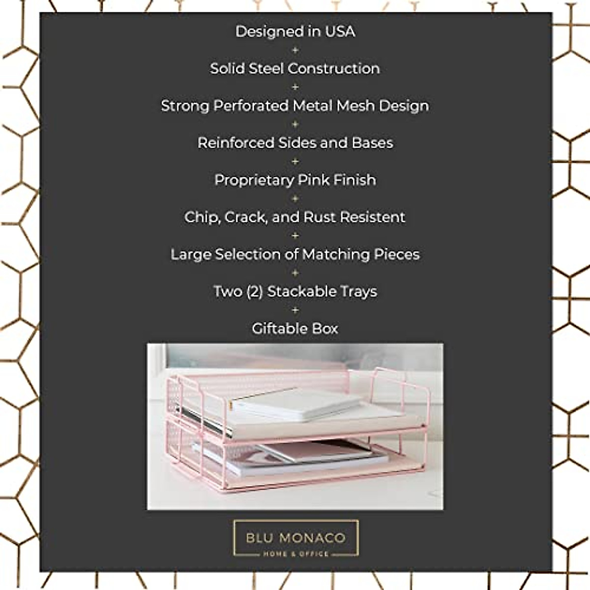 Blu Monaco Pink Desk Organizer Stackable Paper Tray Set of 2 - Metal Wire Two Tier Tray - Stackable Letter Tray - Inbox Tray for Desk