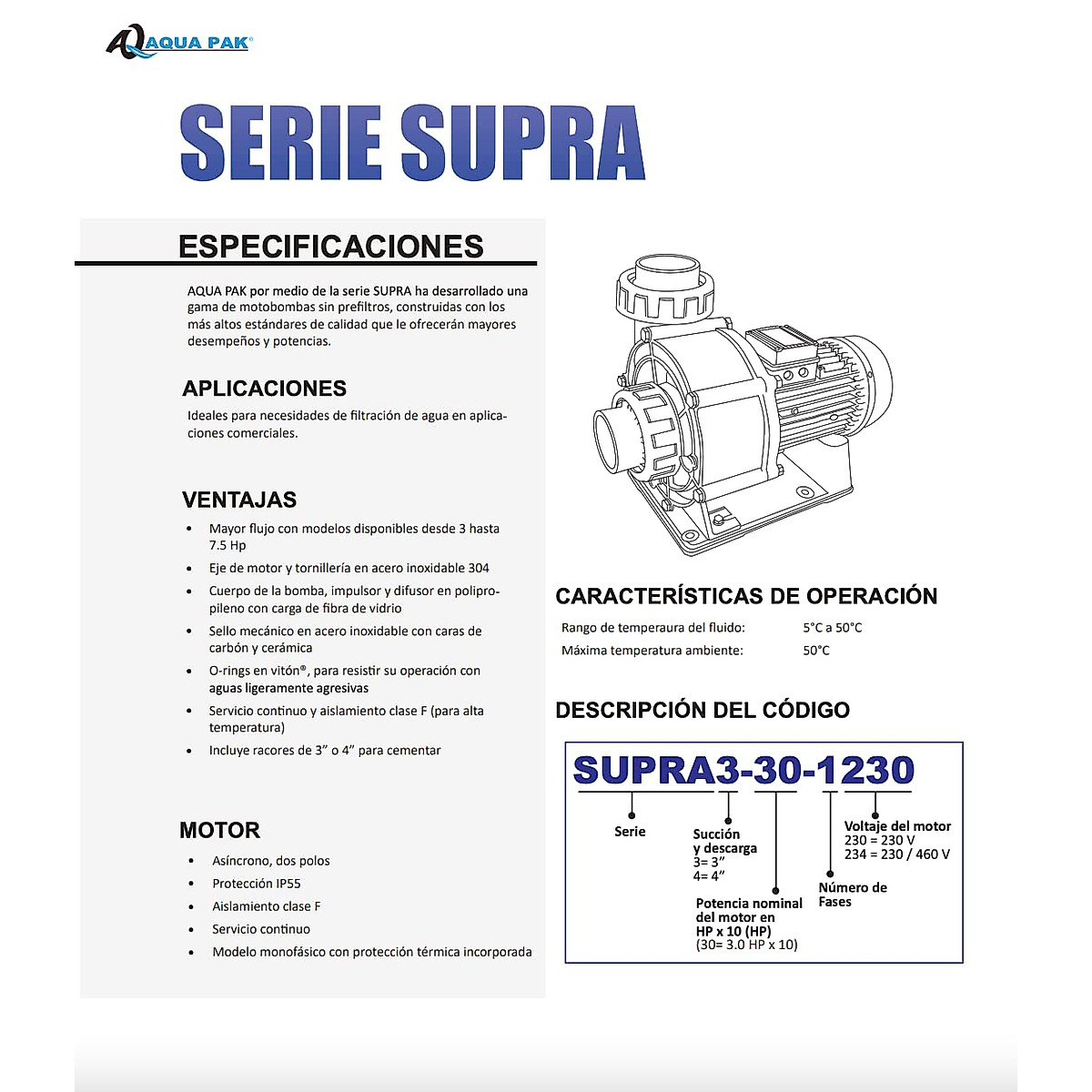 AQUAPAK SUPRA Series 4HP 3 Phase 230/460V SUPRA3-40-3234 Pool Pump For Swimming Pool