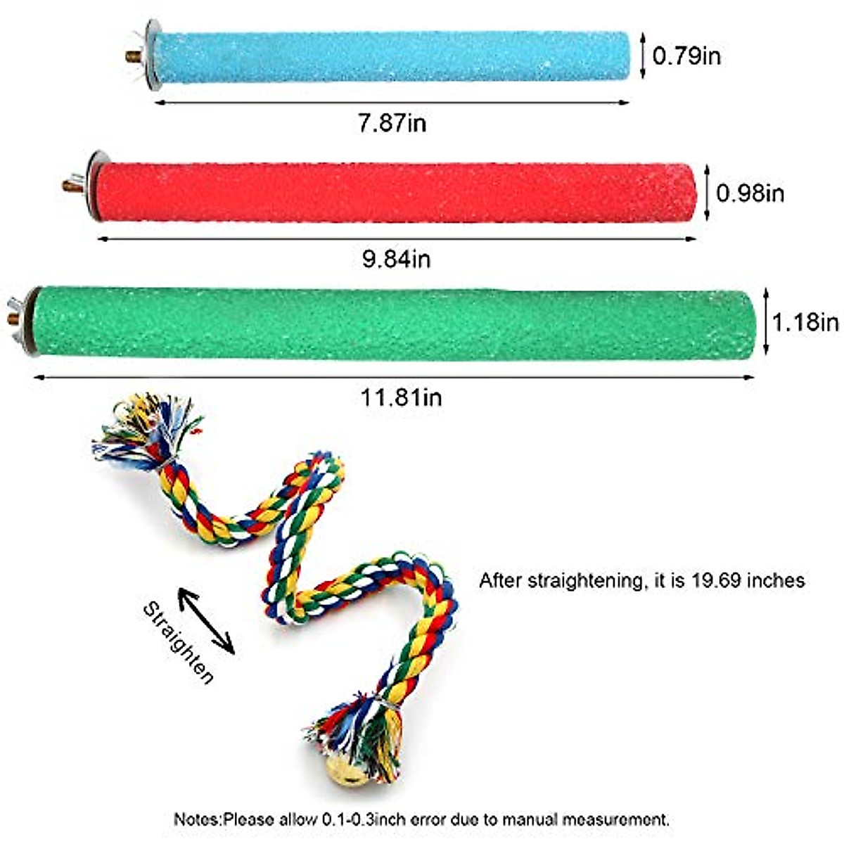 3Pcs Bird Perchs Bird Stand Toy and 1Pcs Bird Rope Perches, Wood Parrot Stand Platform Colorful Sand Paw Grinding Stick Cage Accessories Exercise Toys for Cockatiel Conure Budgies Parakeet (Wood+Rope)