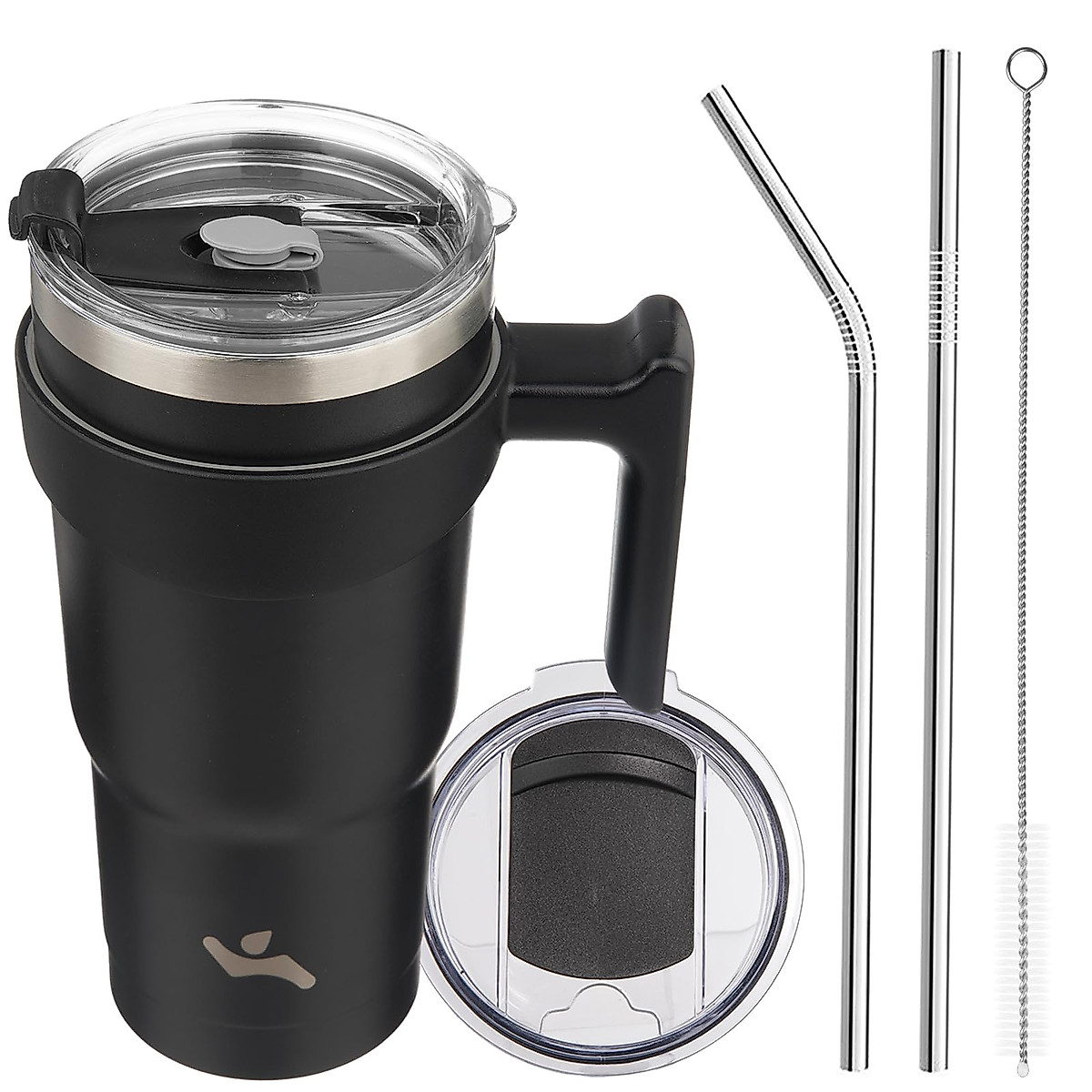 Konokyo 20 oz Tumbler with Handle and 2 Straw 2 Lid, Insulated Water Bottle Stainless Steel Vacuum Cup Reusable Travel Mug,Black