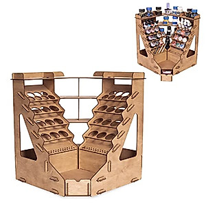 PLYDOLEX Wooden Corner Paint Organizer for 32 Bottles of Paints and 46 Paint Brushes - Paint Rack Organizer with 6 Miniature Stands and Scene for Photo-Shooting - Intended for Miniature Paint Set