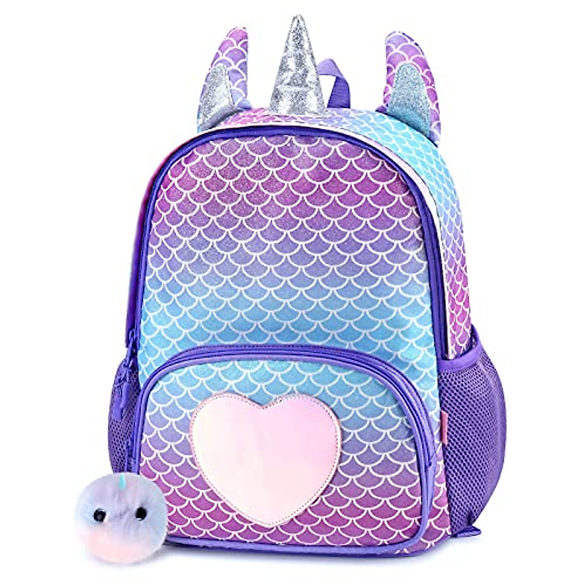 mibasies Kids Unicorn Backpack for Girls Rainbow School Bag with Lunch Box((Mermaid Purple)