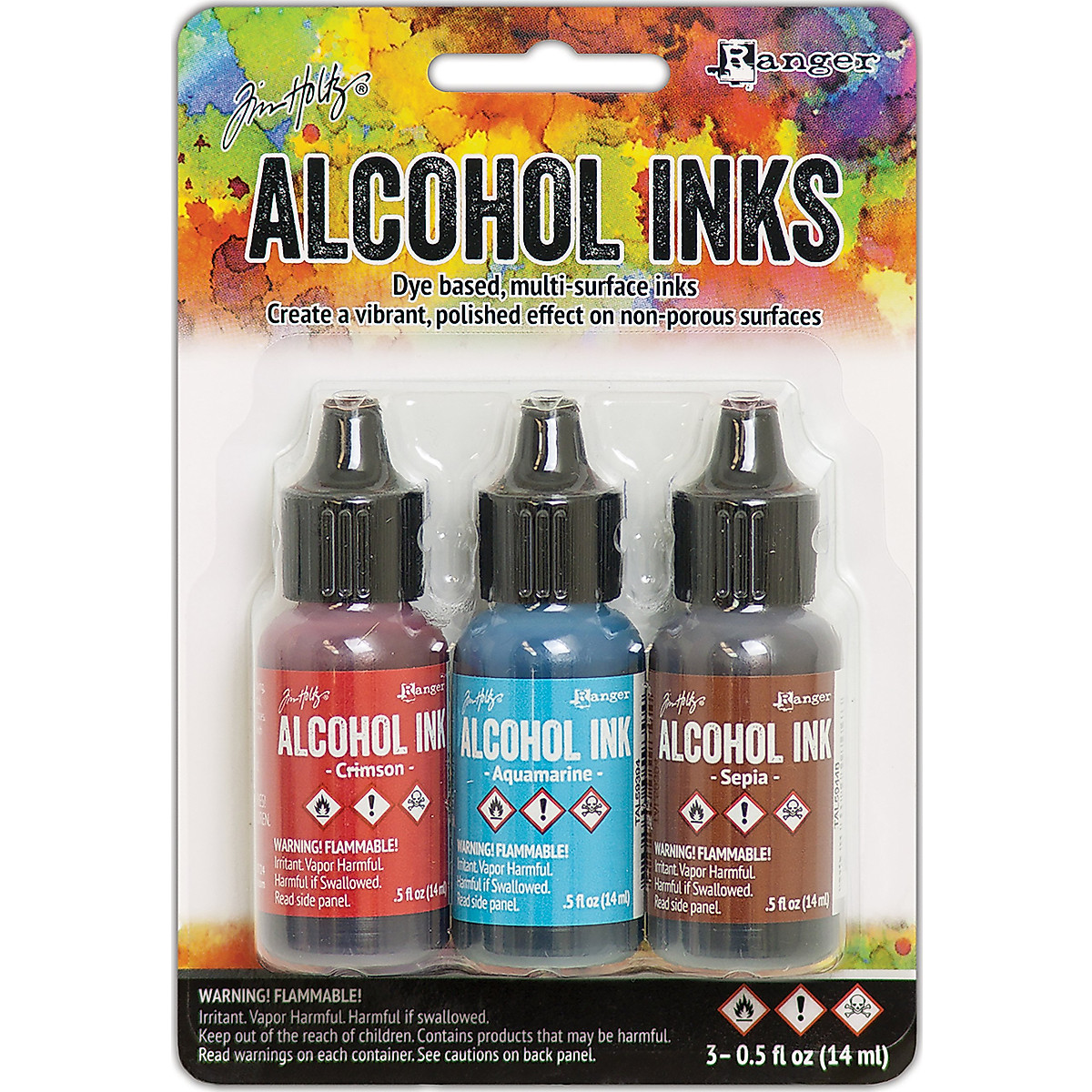 Ranger -Crimson/Aquamarine/Sepia Tim Holtz Alcohol Ink .5oz 3/Pkg, 0.5 oz, Blue