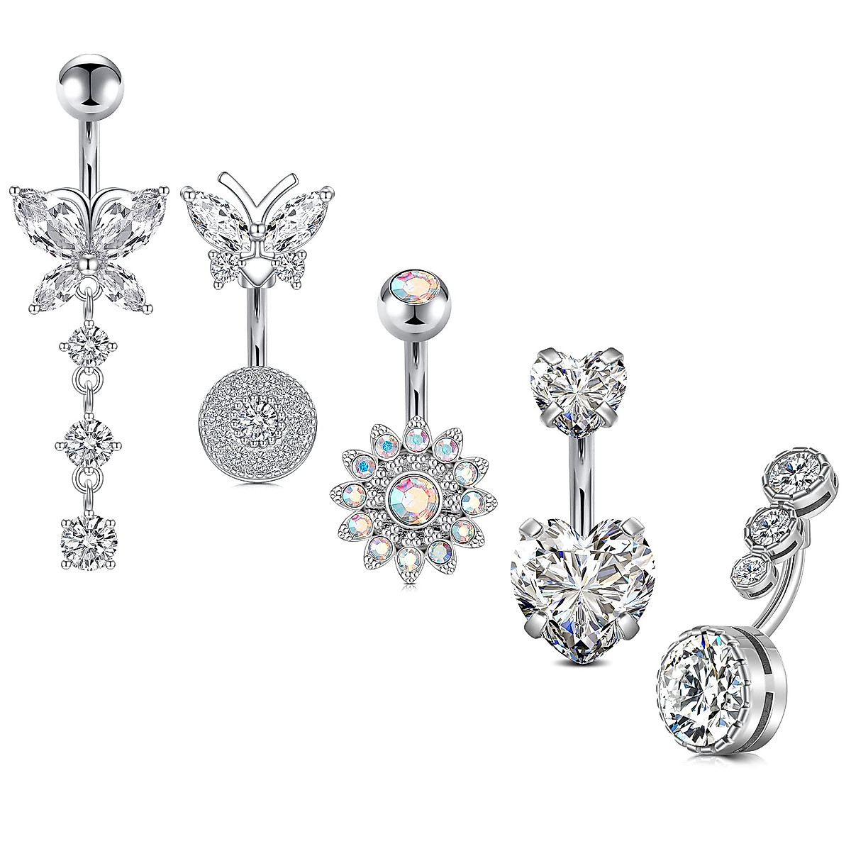 Incaton 14G Belly Button Rings Butterfly Heart Diamond, Stainless Steel Dangle Belly Rings For Women, 6mm Short Bar/ 10mm Hypoallergenic Navel Piercings Silver 6mm