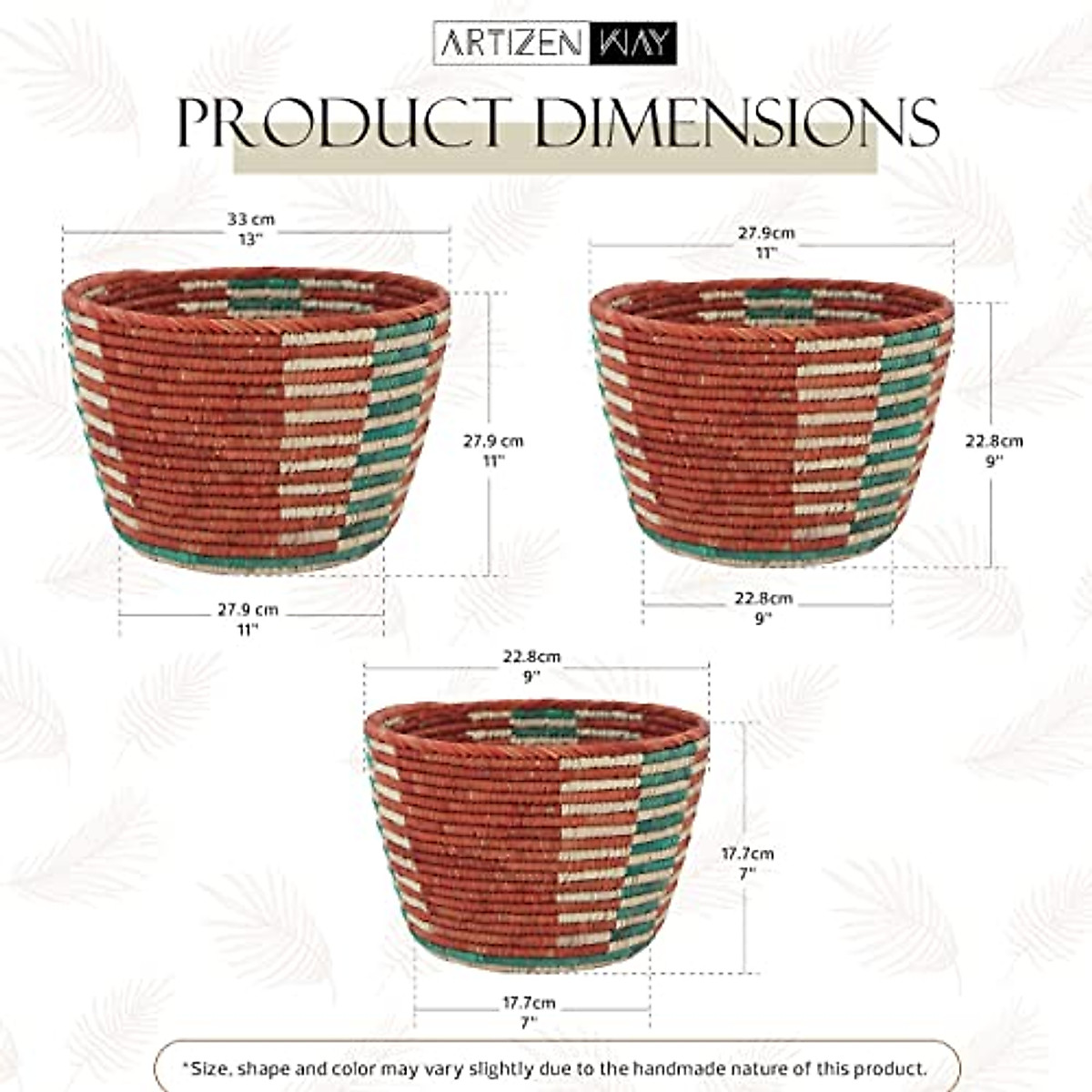 Artizenway Handmade Boho Plant Basket - Woven Planter Baskets - Plant Pot Cover Baskets for Plants - Date Palm Leaves Decorative Pattern Baskets - Storage Organizer (set of 3, Horizontal)