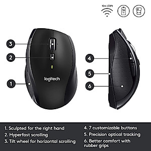 Logitech M705 Wireless Marathon Mouse for PC - Long 3 Year Battery Life, Ergonomic Shape with Hyper-Fast Scrolling and USB Unifying Receiver for Computer and Laptop - Black (Renewed)