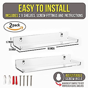 Pretty Display Invisible' Bathroom Shelf Wall Mounted [2 Pack] 10 inch Clear Acrylic Shelves Extra Strong & Easy to Wall Mount