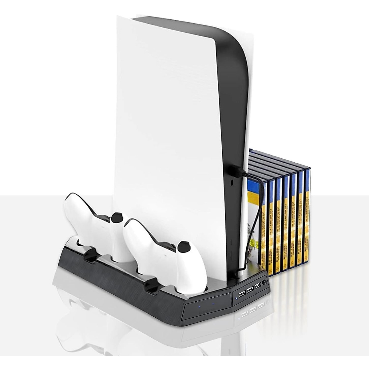 Scoutdoors Playstation 5 Charging Stand with Cooling Fan - Must Have PS5 Accessory, Charges 2 Controllers - Fan Cools Console - Game Storage, Works with Standard PS 5, Digital Edition or Ultra HD