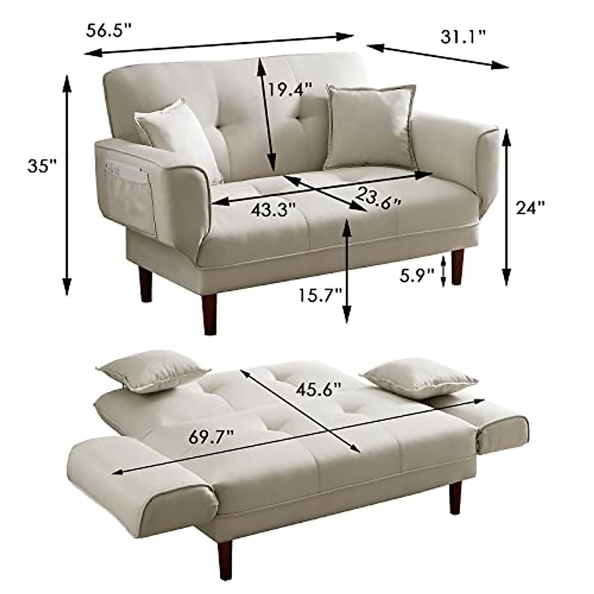 SoarFlash Convertible Futon Sofa Bed with 2 Pillows, Small Couch with Adjustable Armrest and Wood Legs, Upholstered Loveseats Furniture Low Back 2-Seat Sofa Couch with 5-Angle Backrest (Beige)