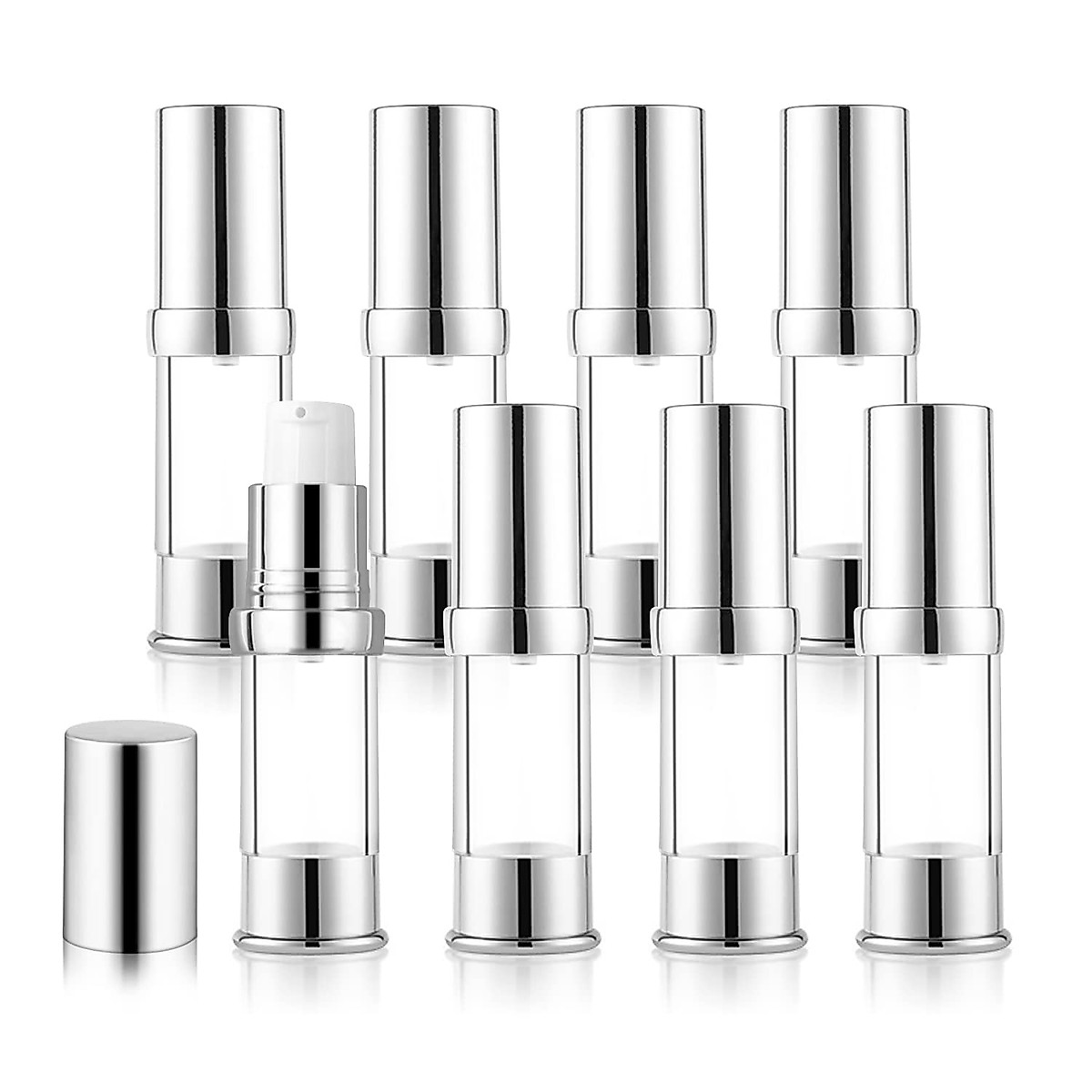 8 Pack 5ml/0.17oz Plastic Airless Pump Bottle Portable Lotion Container Refillable Cream Jar Vacuum Pump Press Dispenser for Travel Cosmetic Emulsion Liquid Foundation Shampoo Toiletries Sample