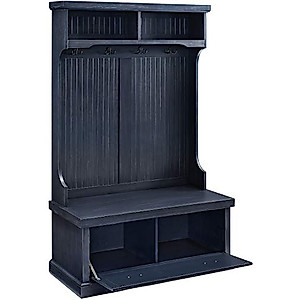 Crosley Furniture Seaside Hall Tree, Entryway Bench with Coat Rack and Shoe Cabinet, Distressed Navy