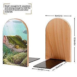 Wooden Book Ends 2 Pieces,Bass Fish Decorative Bookshelf Sturdy Book Holders for Home Office School Book Organizers 5x3.1x3.9 inches