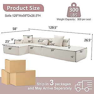 HZANHY 129" Modular Sectional Sofa Couch, L-Shape Upholstered Cloud Couch, Modern Minimalist Couches for Living Room, Deep Seat Corner Couch, Right Facing Chaise