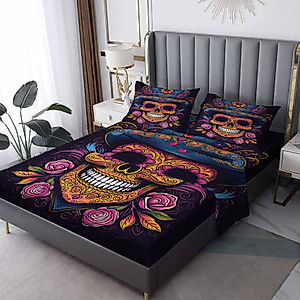 Day of The Dead Sheets Full Size, Mexican Skull Bed Sheets, Patterned Bedding Sheets & Pillowcases 4 Piece Set - Soft Microfiber Deep Pocket Fitted Sheet & Flat Sheet & 2 Pillow Cases L5-&-263