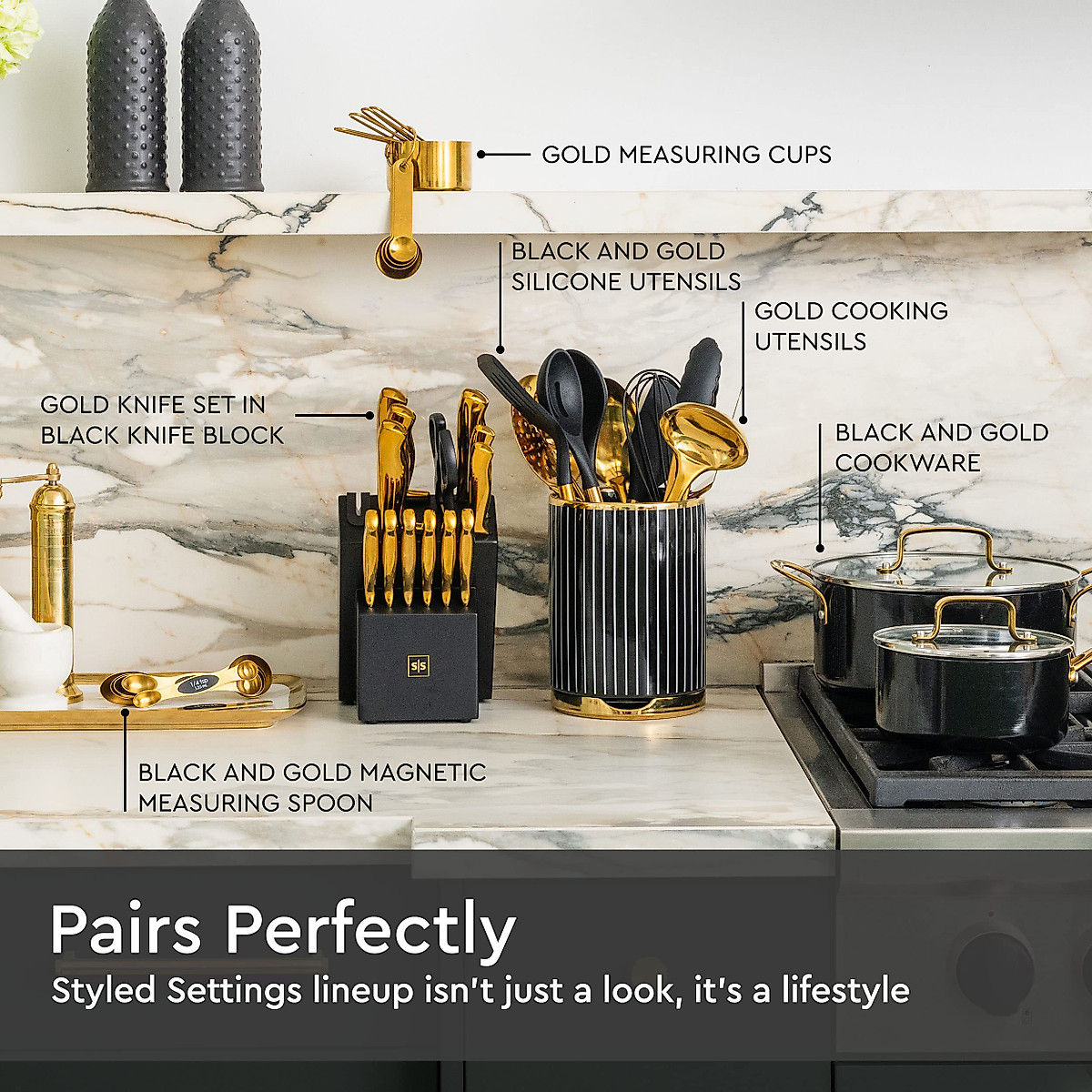 Black and Gold Knife Set with Block Self Sharpening, Black Utensil Holder with Built-In Ceramic Spoon Rest and Gold Cooking Utensils Set-21 Piece Luxe Black and Gold Kitchen Accessories