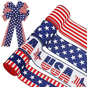 AnyDesign Patriotic Wired Edge Ribbon 24 Yards USA Flag Stars Stripes Craft Fabric Ribbon 4th of July Decorative Wrapping Ribbon for Independence Day Memorial Day Wreath Bow Making DIY Crafts, 4 Roll