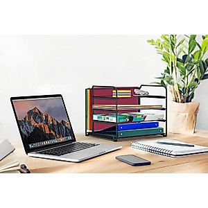 CAXXA 4 Tier Mesh Document Trays with Vertical Upright Section for Hanging File Holders, Mesh Office Supplies Desk Organizer, Black