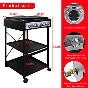 4 Burner Gas Stove Camping Stove Propane Burner Portable Stable RV Stove Top Stainless Steel Camping Grill Stove Outdoor Safety with Removable Stand, CSA Certified Gas Regulator and Hose Easy to Clean