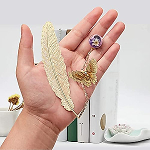 Metal Feather Bookmarks with 3D Butterfly Immortal Flower Pendant, Bookmarks for Women, Kids,Readers,Teachers,Book Lovers,Birthday Gifts