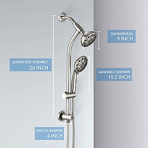 UCLIMAA High Pressure 48-Settings Shower Head with Handheld Shower,Drill-Free 3-Way Diverter for Easy Reach,Adjustable Height Slide Bar Dual Shower Head Combo Set - Brushed Nickel