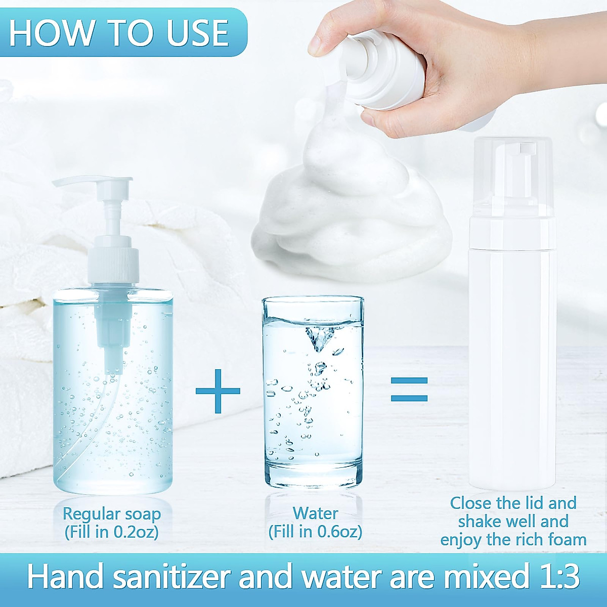 Foam Pump Bottle 200ml/6.8oz Empty Plastic Foam Dispenser Pump Bottle Travel Large Refillable BPA Free Lotion Bottles for Shampoo Shower Hand Soap Foaming (4 Pack) White