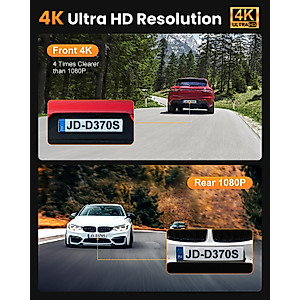 SUVCON 4K Dash Cam Front and Rear, Dual Dash Camera for Cars 4K+1080P Dashboard Car Camera Built-in Wi-Fi GPS, 24H Parking Monitor, Night Vision, Loop Recording, WDR, 170° Wide Angle, Free 32GB Card