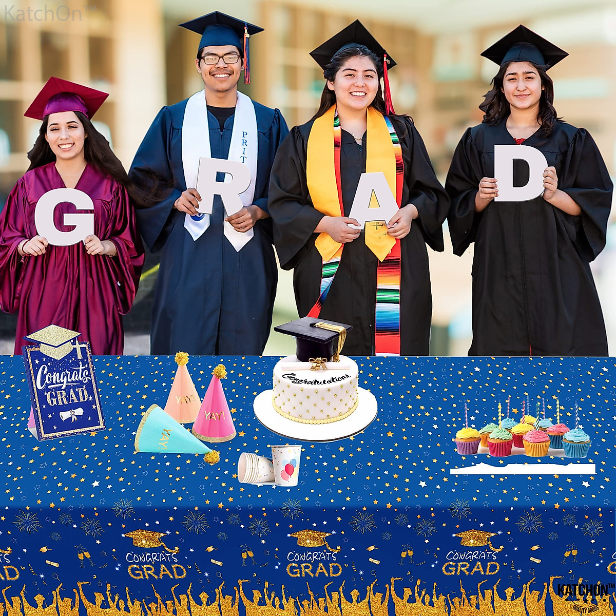 KatchOn, Blue and Gold Graduation Tablecloth - XtraLarge 108x54 Inch, Pack of 3 | Congrats Grad Tablecloth, 2024 Graduation Party Decorations | Blue and Gold Graduation Decorations Class of 2024
