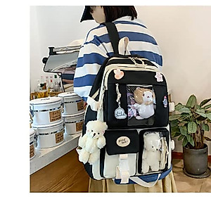 TABANA Kawaii Aesthetic School Backpack 5Pcs Combo Set with Cute Bear Pendant Pins Daypack Small Laptop School Bag Essential Kit (Black)