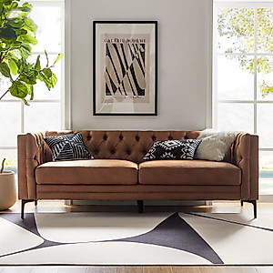 HULALA HOME 84" W Suede Faux Leather Sofa Couch with Metal Legs, Button-Tufted 3-Seater Sofa, Mid Century Modern Contemporary Upholstered Couch for Living Room, Entertainment Area, Apartment,Camel
