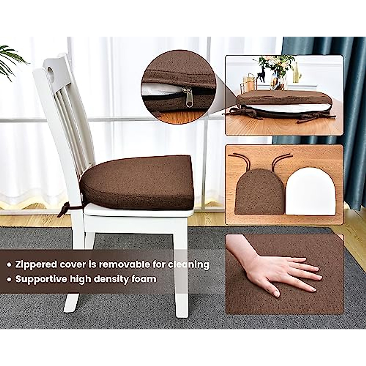 COSNUOSA Kitchen Chair Cushions D-Shaped Dining Chair Cushions with Ties Non Slip Kitchen Dining Chair Pads and Seat Cushion Set 17 x 16 Inches Brown 4 Pcs