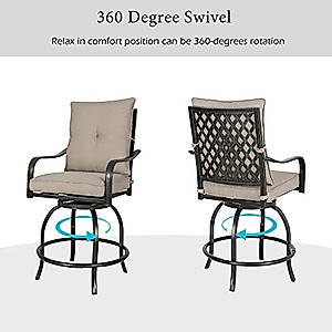 Iwicker 2 Pieces Outdoor Swivel Bar Stools, Patio Counter Height Bistro Chairs with 100% Polyester Cushions, Beige