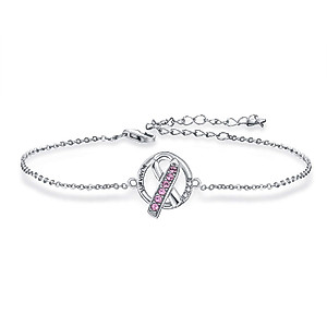 AOBOCO Breast Cancer Gifts for Women, Sterling Silver Cancer Awareness Bracelet, Pink Ribbon Jewelry with Austrian Crystal
