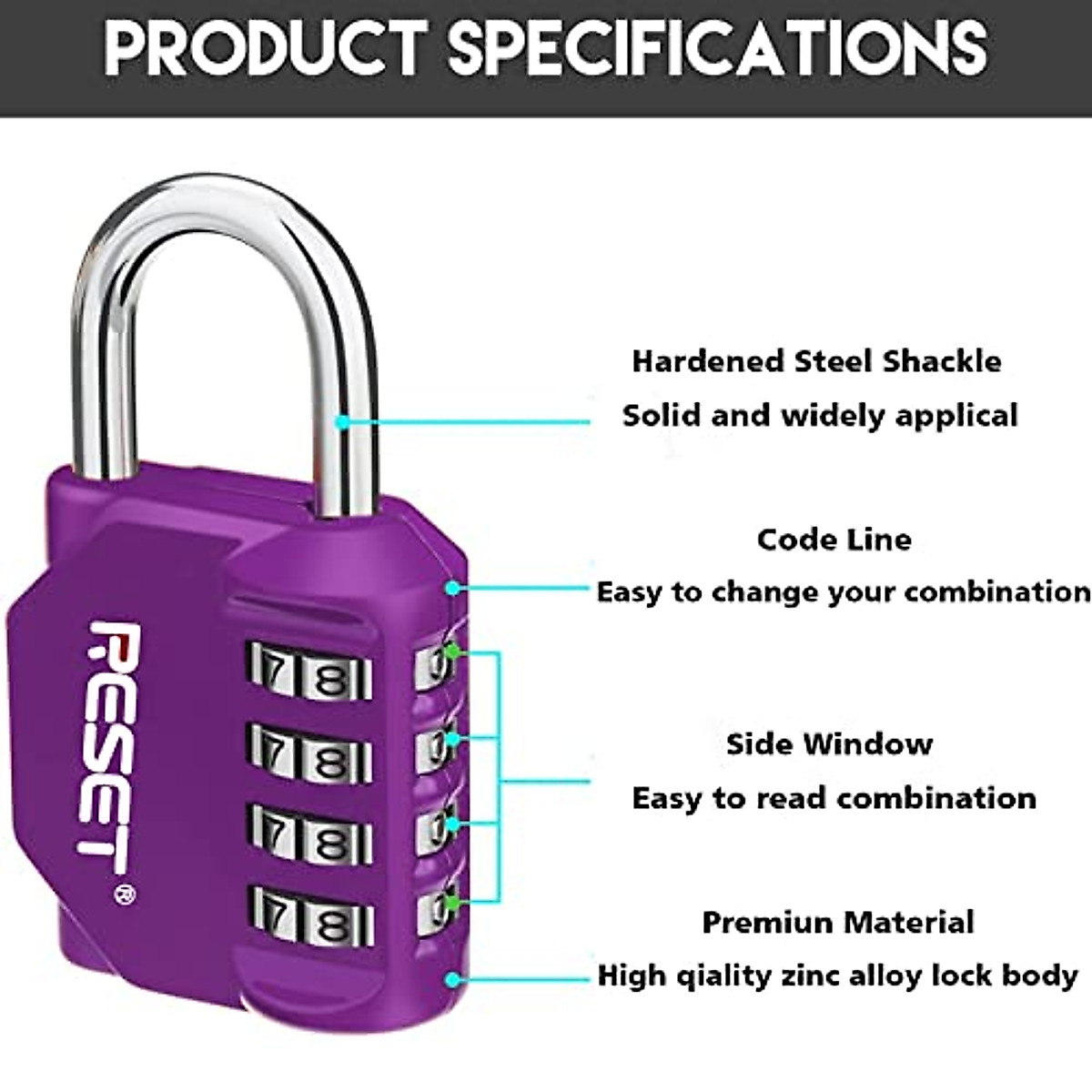 RESET-060 4 Digit Combination Lock Outdoor Padlock for School Gym Sports Locker Fence Toolbox Gate Suitcase Hasp Purple