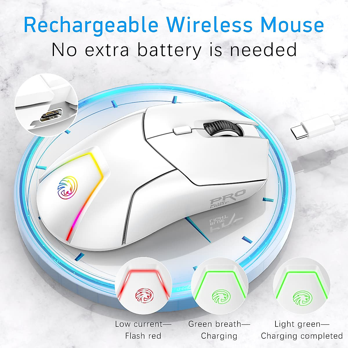 FMOUSE Wireless Gaming Mouse, 4000 DPI, USB C Rechargeable, Ergonomic Responsive Bluetooth Mice with Forward/Backward Side Keys, for Computer/Laptop (White)
