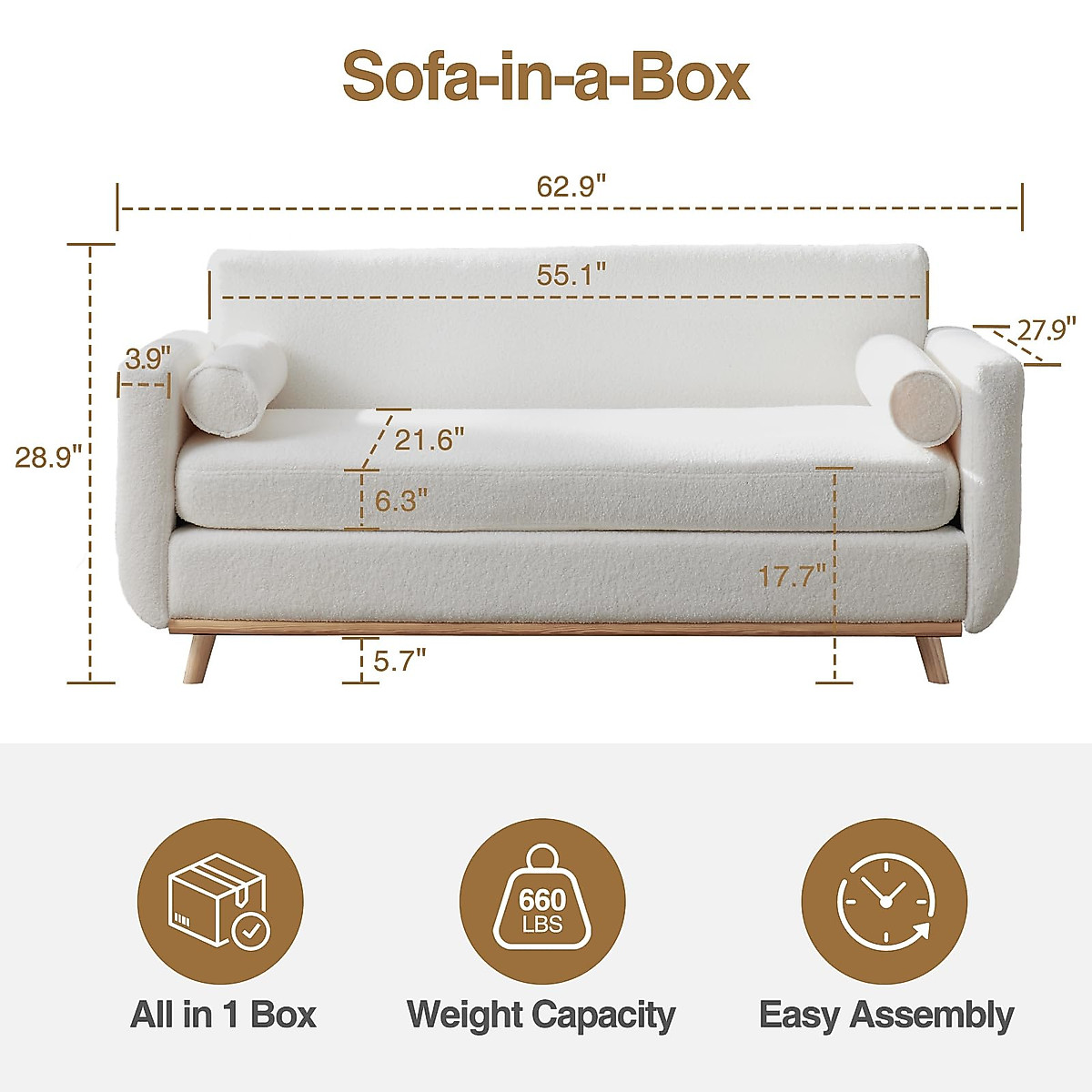 63" W Loveseat Sofa,White Boucle Couch with LED Lights and USB Ports Modern Fluffy Love Seat Couches 2 Seater Comfy All-Wood Washable Covers Sofa Furniture for Bedroom Living Room Small Space Office