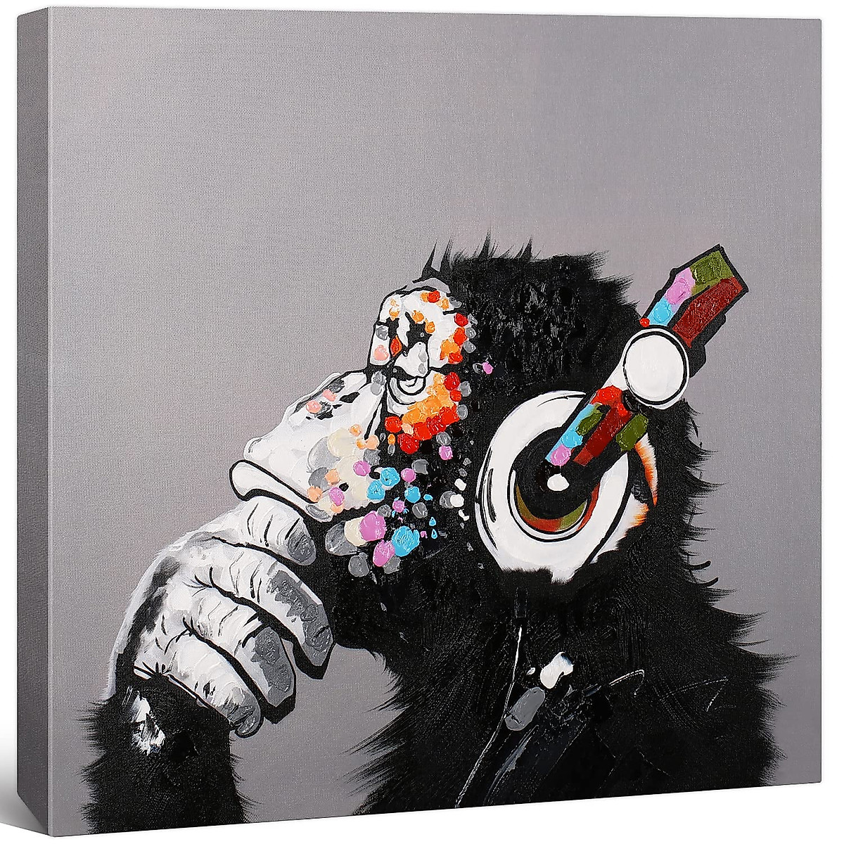 Modern Pop Art Decor - Framed - Thinking Monkey With Headphones Canvas Print Home Decor Wall Art, Gallery Wrap Inner Frame, 24x24