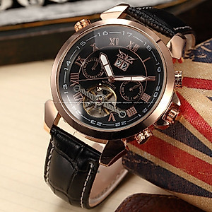 MASTOP Men Black Tourbillon Rose Golden Aviator Automatic Mechanical Watch