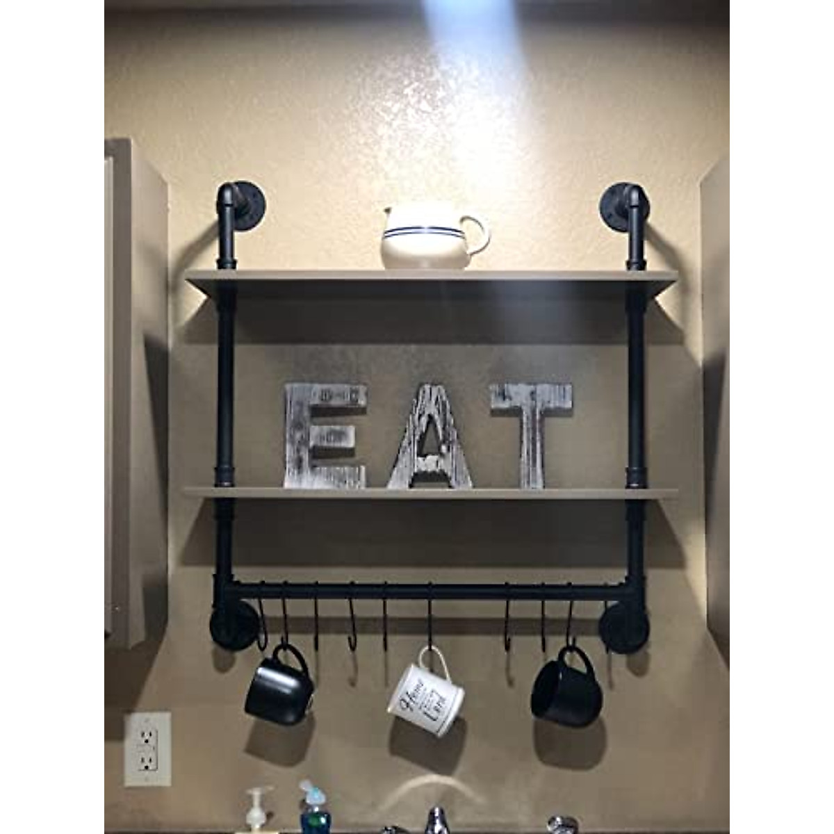 MAIKAILUN Industrial Pipe Shelving, Iron Pipe Shelves Bathroom Shelves with Towel bar, Rustic Metal Pipe Floating Shelves, Pipe Shelf Wall Mounted with Hooks for Coffee Bar Kitchen(24" 2 Tiers)