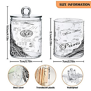 WELLDAY Apothecary Jars Bathroom Storage Organizer with Lid - 14 oz Qtip Holder Storage Canister, Paris Eiffel Tower Clear Plastic Jar for Cotton Swab, Cotton Ball, Floss Picks, Makeup Sponges,Hair Cl