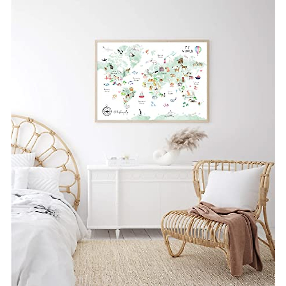 Joocrise Green Kids World Map Wall Art Animal Map Canvas Wall Art Educational Wall Art Nursery Wall Decor World Map Poster Childrens Room Decor Playroom Prints 16x24 Inch Unframed