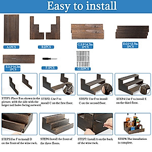 ERTIUANIO 3 Step Real Wood Countertop Liquor Bottle Display Shelf, 12 Bottle Freestanding Bar Shelves with Fences, Home Retro Wine Rack Storage Organizer, Whiskey Coffee Syrup Display Stand