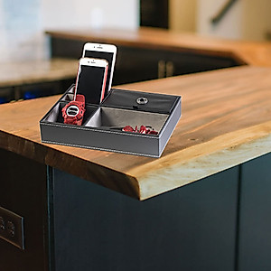 Huji Men's Black Leatherette Valet Jewelry Tray Display Showcase Insert Liner Organizer 5 Compartments Desk Car Home Dresser Keys Phone Wallet Coins