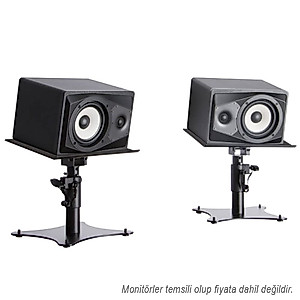 On-Stage SMS4500-P Clamp-On Studio Monitor Speaker Stands: Height-adjustable (9"-12.5"), locking pin for security, steel construction, nonslip rubber feet. Table/desk use, black finish. Pair.