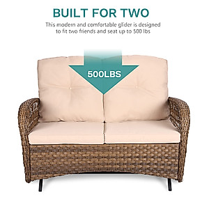 MEETWARM 5 Pieces Outdoor Patio Rattan Furniture Sets, All Weather Patio Wicker Conversation Set - 2 Rocking Swivel Chairs 1 Rattan Loveseat Glider with Cushions, 2 Glass-Top Coffee Table, Beige