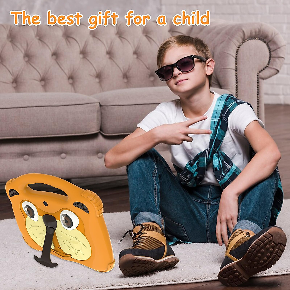 Aheadthink Kids Tablet, 7 inch Tablet, 32 + 128gb ROM Expansion, Android 12 Kids BT, GMS, WiFi, Parental Control Mode, Animal Appearance Shell Resistant, Education, Games.(Yellow)