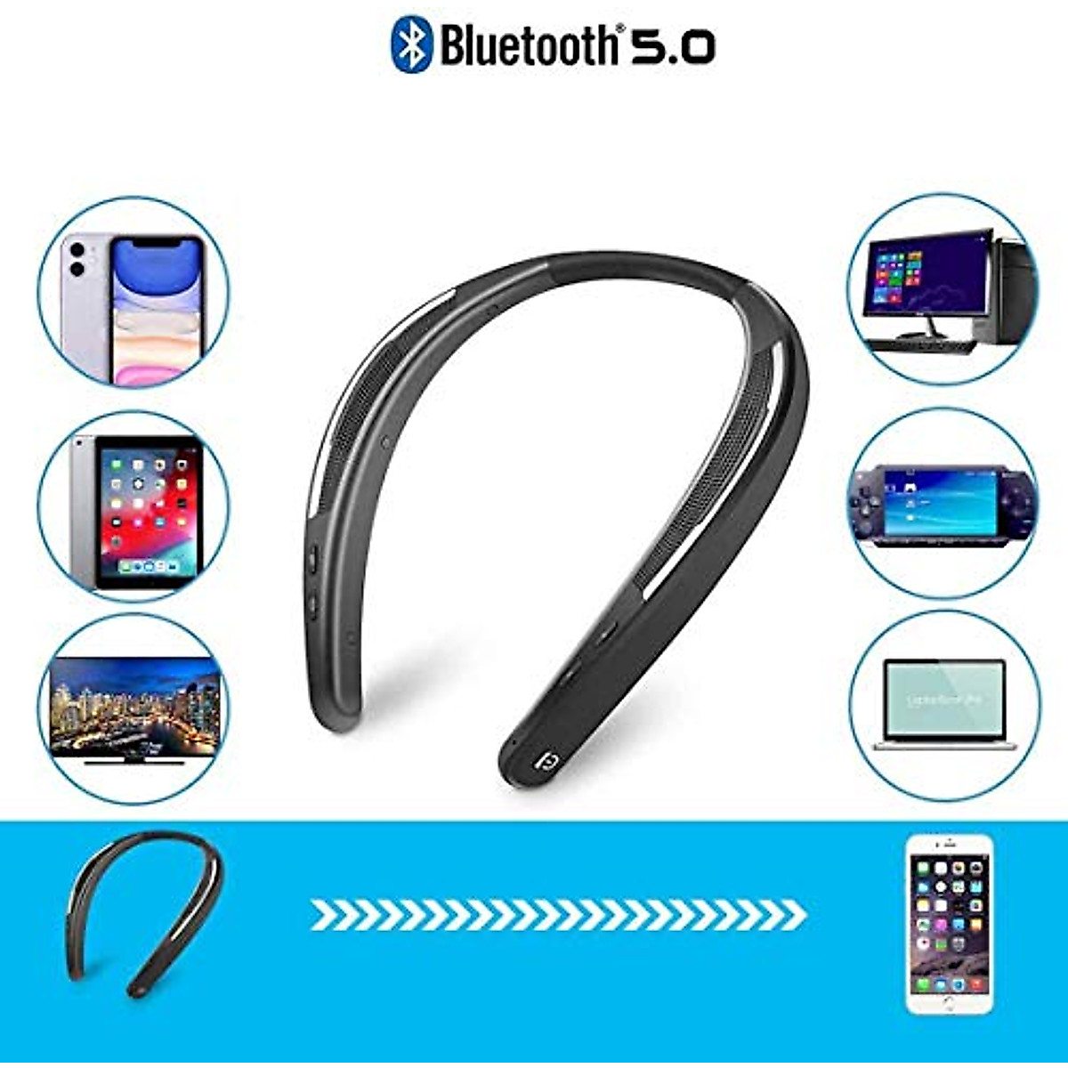 Neckband Portable Bluetooth Speakers, Wireless Wearable Speakers,Upgraded Bluetooth 5.0 Speaker with 3D Stereo Sound, Noise Cancelling Stereo Neckband Speakers for Home&Outdoor, Black