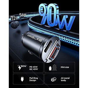 90W USB C Car Charger,[Super Mini Metal] USB C Car Charger Fast Charging Adapter PD+QC3.0 Dual Port MRGLAS Type C Car Cigarette Lighter USB Charger Compatible iPhone 14 13 Pro Max iPad Samsung Macbook