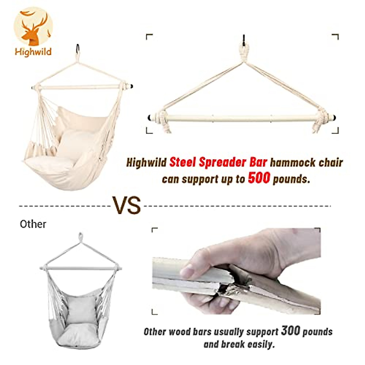 Highwild Hammock Chair Hanging Rope Swing - Max 500 Lbs - 2 Cushions Included - Steel Spreader Bar with Anti-Slip Rings - for Any Indoor or Outdoor Spaces (Beige)